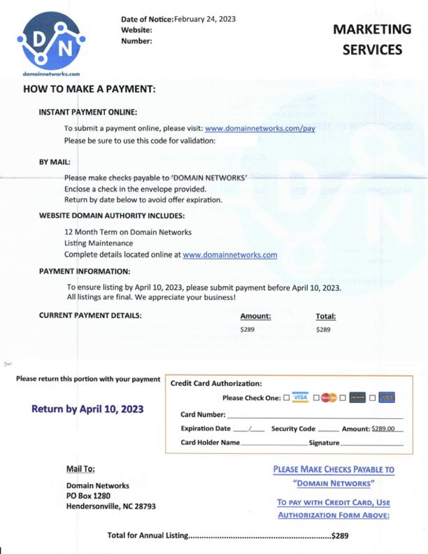 Domain Networks is a Scam Sending Renewal-Style Ads