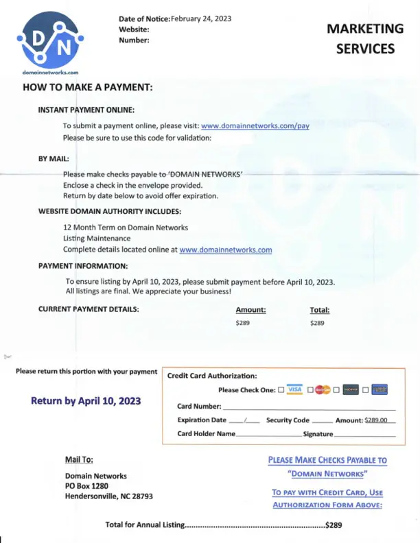 Domain Networks is a Scam Sending Renewal-Style Ads